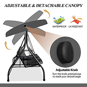 GARTOO 3-Seat Outdoor Large Porch Swing with Converting Canopy, Patio Hammock Lounge Swing Chair for Porch, Backyard, Poolside, Adjustable Shade & Removable Cushions(Gray)