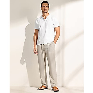 Ficerd 2 Pcs Men's Drawstring Linen Pants Men Casual Beach Trousers with Pocket Lightweight Elastic Yoga Pant (Black, Khaki, Small)