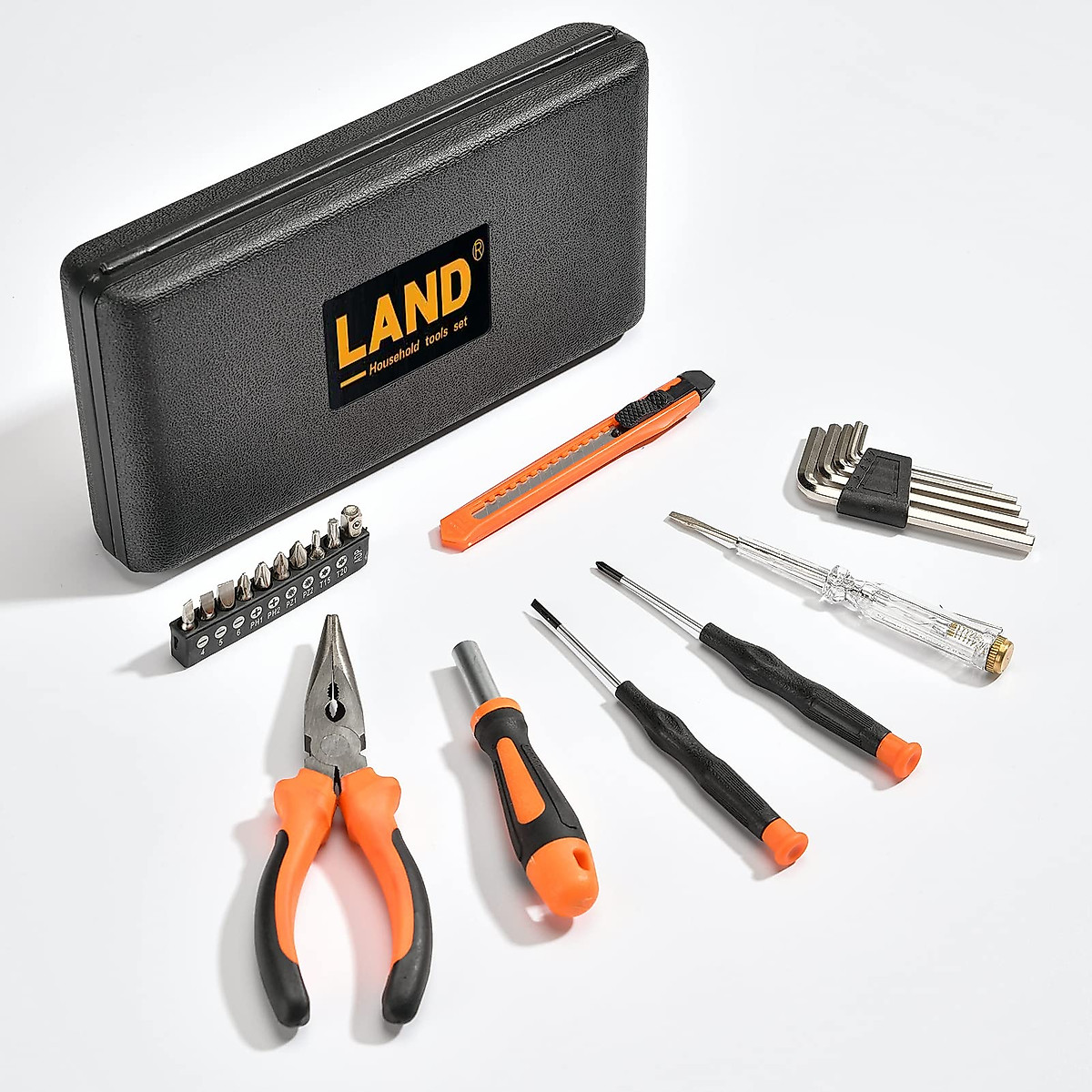 LAND 22-Piece Tool Kit General Household Tool Set Cutting Plier with Plastic Toolbox Storage Case for Home,Office,Garage and College Dorm