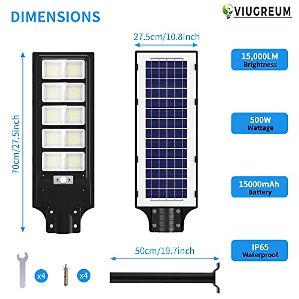 Viugreum 500W Solar Street Lights Outdoor with Motion Sensor, 900pcs LED, 6000K 50000LM IP65 Waterproof Solar Parking Lot Lights, Solar Powered Street Light for Barn, Yard, Street