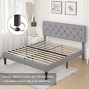 VECELO Full Bed Frame with Button Tufted Headboard, Upholstered Platform Bedframe with Wood Slat Support, No Box Spring Needed, Grey