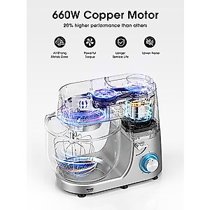 KUCCU Stand Mixer, 8.5 Qt 660W, 6-Speed Tilt-Head Food Dough Mixer, Electric Kitchen Mixer with Dough Hook, Flat Beater & Wire Whisk, Mixing Bowl (8.5-QT, Silver)