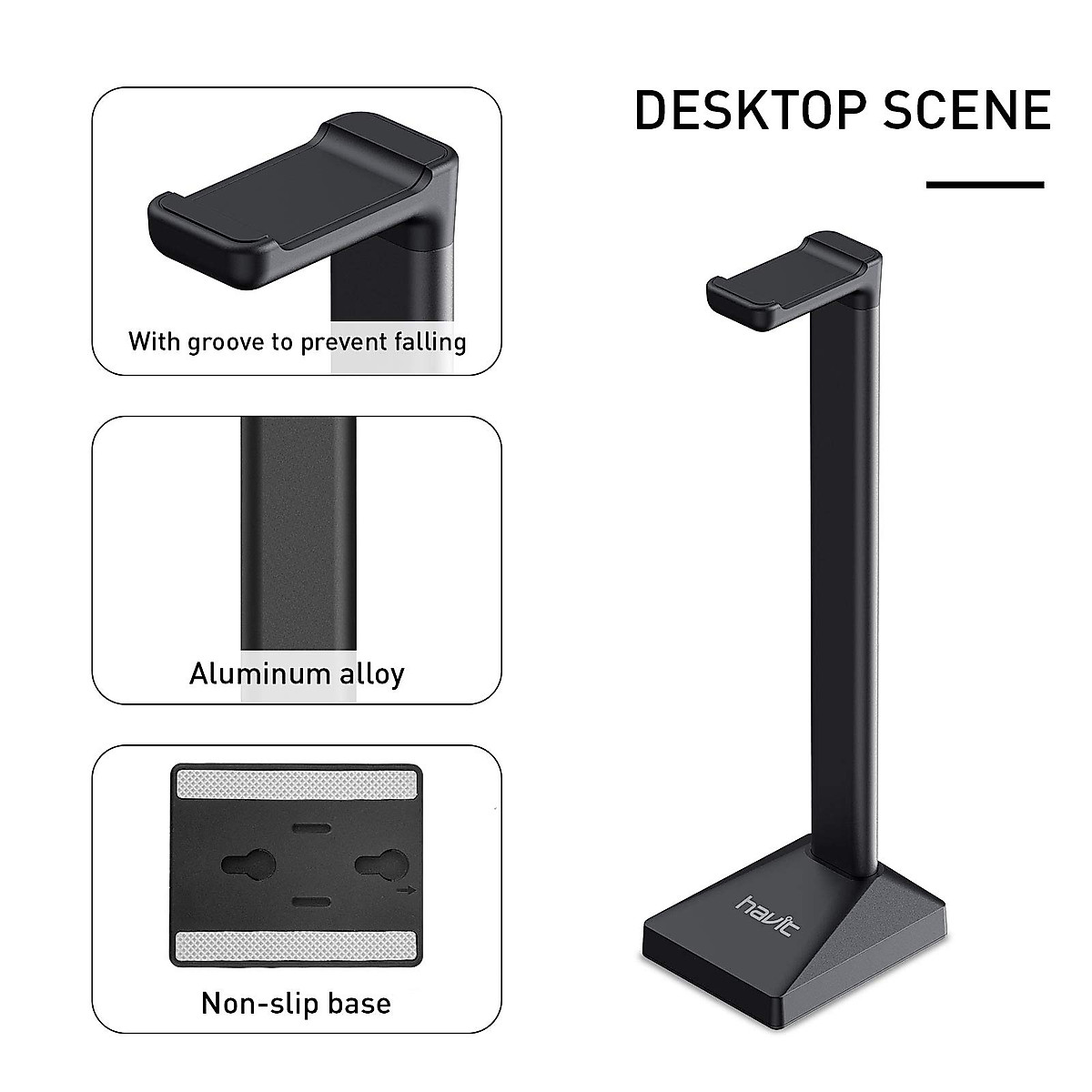 havit PC Gaming Headset Headphone Stand Holder Hanger Hook 2 in 1 Headphones Stand Aluminum Pole Solid Base Rubber Anti-Slip for Desk Wall Desk Compatible All Headphone