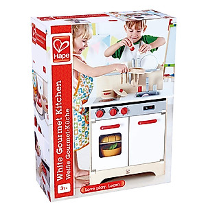 Hape Gourmet Kitchen Toy Fully Equipped Wooden Pretend Play Kitchen Set with Sink, Stove, Baking Oven, Cabinet, Turnable Knobs & Spice Shelf, White