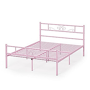 Weehom Full Size Bed Frame with Headboard and Footboard Under Bed Storage Steel Slat Support Metal Bed No Box Spring Needed Easy to Assembly,Pink
