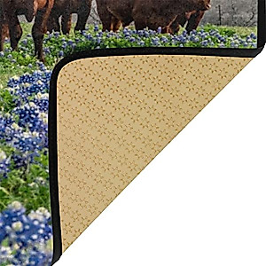 Cows Bluebonnets Spring Kitchen Rugs Cattle Animal Bath Mat for Bathroom Absorbent Non Skid Washable Standing Floor Desk Mat Runner Carpet for Home Office Hallway Sink Stove Laundry 39X20 inches