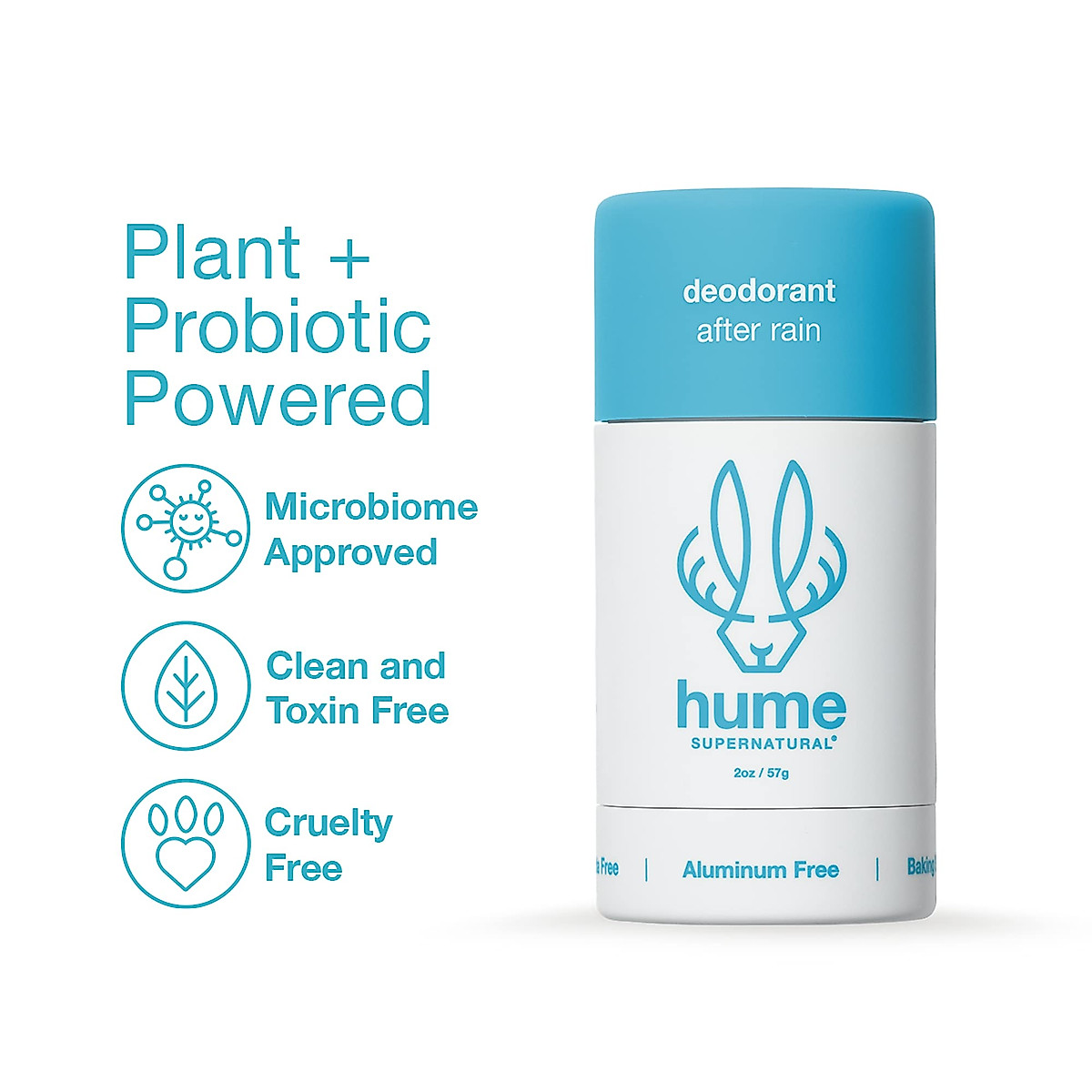 Hume Supernatural Aluminum Free Deodorant for Women & Men - Safe for Sensitive Skin - Probiotic, Plant-Based, Baking Soda Free, Aloe, & Cactus Flower, Anti Sweat, Stain & Odor - After Rain, 1-Pack