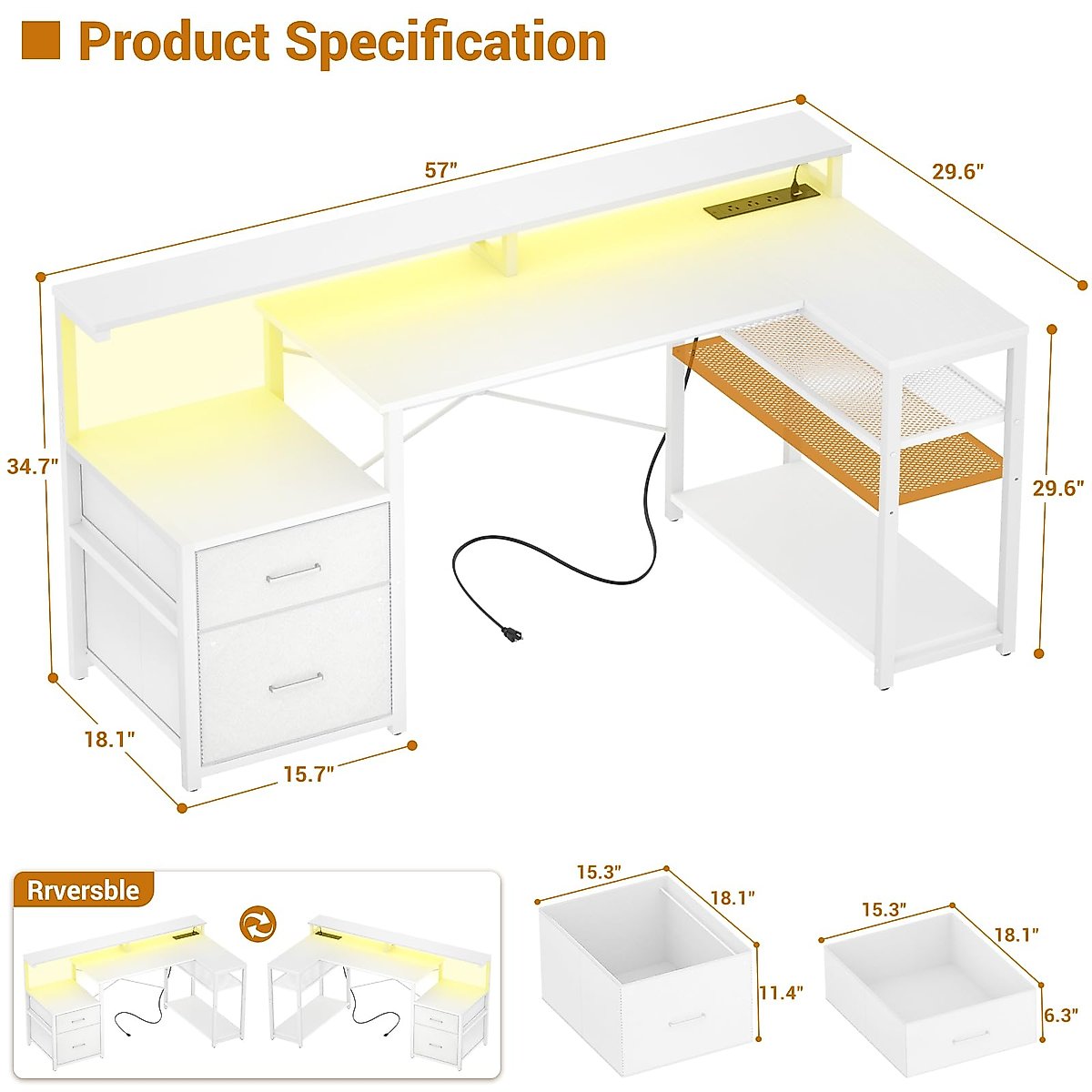 Aheaplus L Shaped Desk with File Drawer, Reversible L Shaped Computer Desk Gaming Desk with Power Outlet & LED Strip, Home Office Desk with Monitor Shelf, Corner Desk with Storage Shelves, White