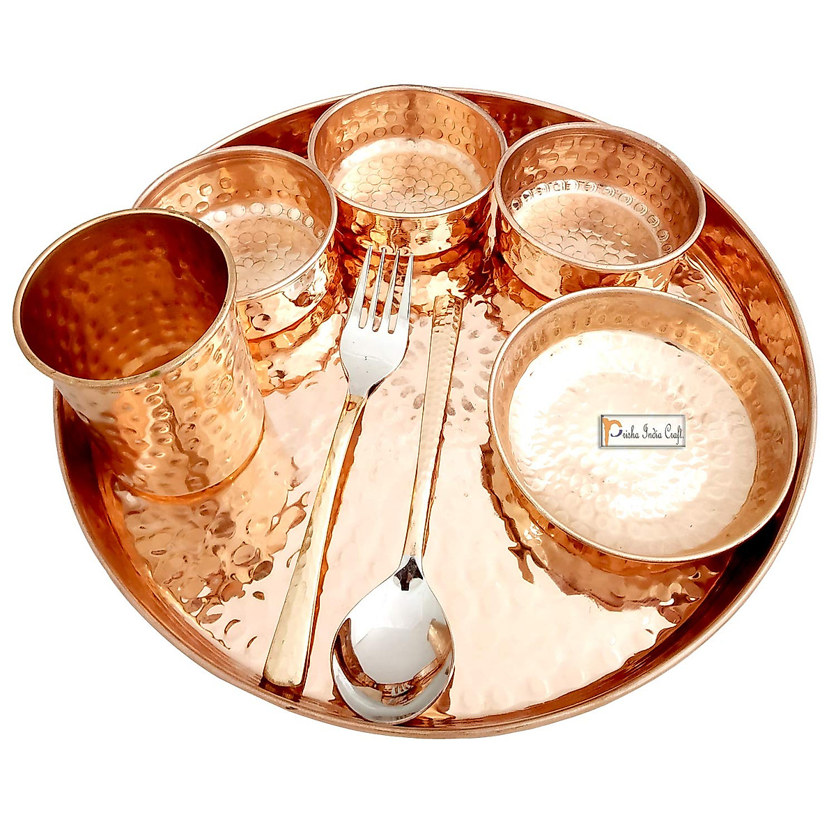Prisha India Craft Pure Copper Thali Set of Plate, Bowl, Spoon, Fork, Glass, 12-inch