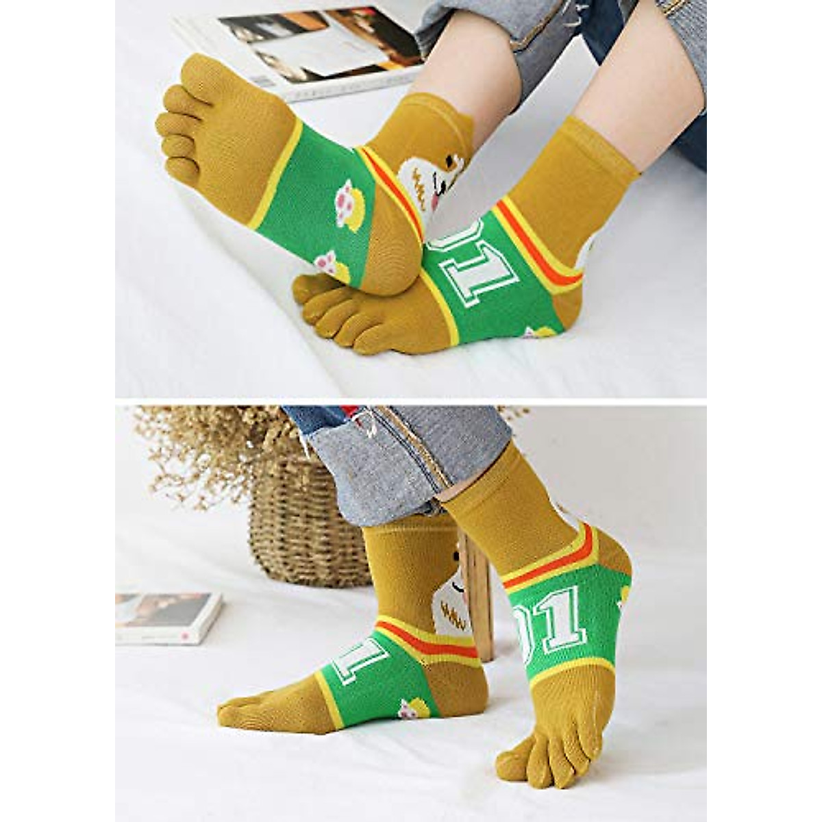 Hellomamma Women's Toe Sock Cute Cat Dog Ankle Sock Cotton Athletic Running Five Finger Socks for Girls (5 Pairs)