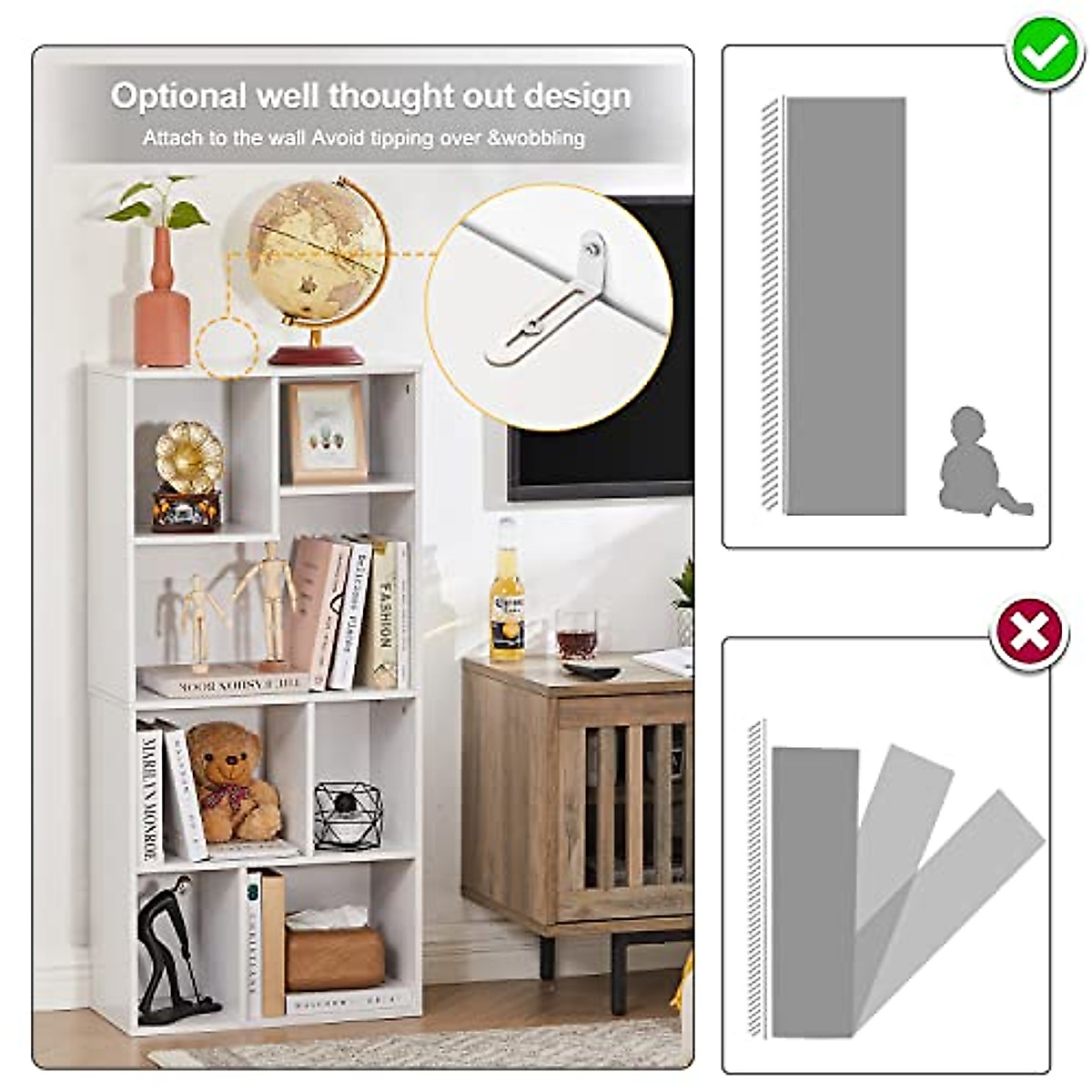 VECELO 42" Modern White Bookshelf, 7 Cube Organizer Bookcase,Fits Tallest Hardcovers, Horizontal Available,Floor Standing Display,Easy Assembly, Pearl White