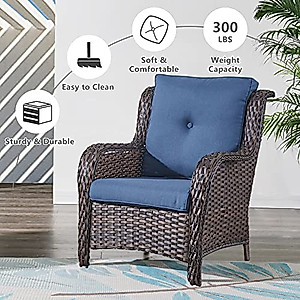 Belord Patio Furniture Conversation Sets 2 Peices Wicker Chairs, Wide Armchair Outdoor Furniture Sets for Porch, Balcony, Backyard, All Weather Brown Wicker Chair with Blue Cushion