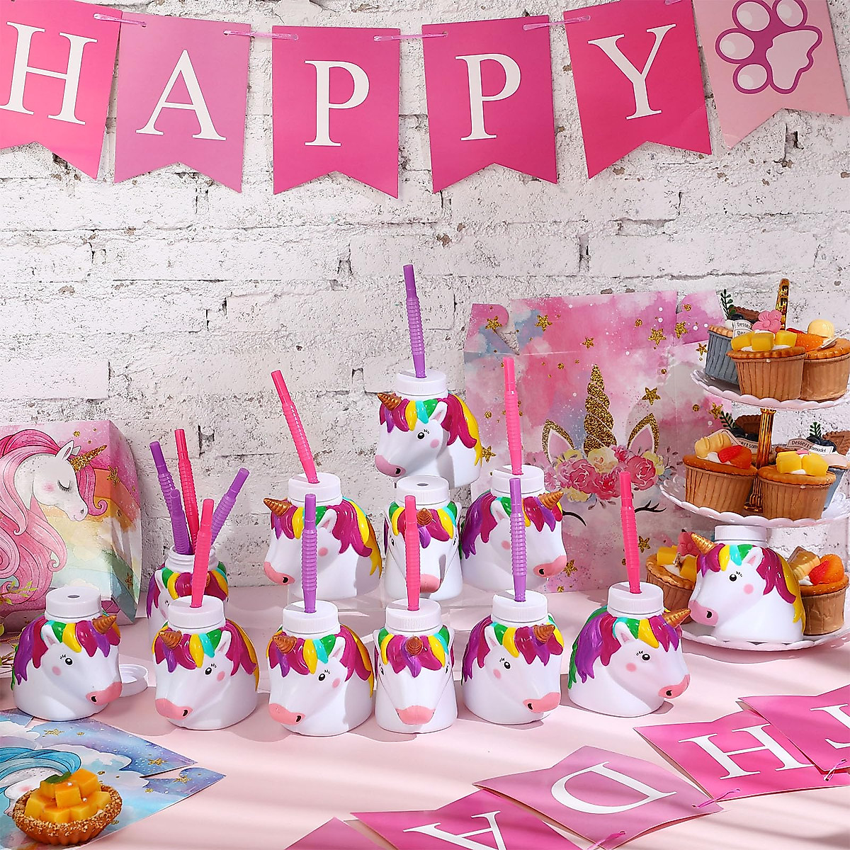 Mifoci Unicorn Birthday Party Favor Gift Supplies Unicorn Cups with Straws,10 oz Plastic Unicorn Shape Cup Reusable for Girls Birthday Baby Shower Unicorn Theme Party Supplies(Bright Color, 24 Set)