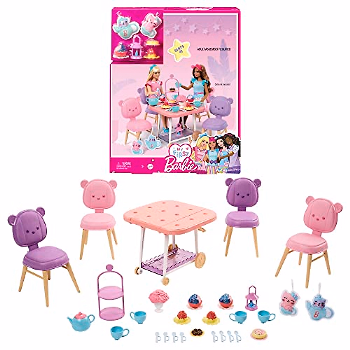 Barbie Tea Party Playset for Preschoolers, My First Tea Party Playset and Accessories, Preschool Toys and Gifts, Tea Party with 18 Storytelling Pieces, Two Plush Items, from 3 Years, HMM65