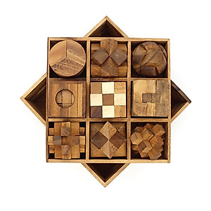 BSIRI 9 Puzzles in a Box - Wooden Brain Teasers, 3D Puzzles for Adults and Kids, Educational Mind Games, Ideal for Birthday Gifts and Home Decor