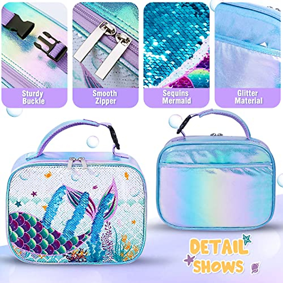 WAWSAM Glitter Mermaid Backpack Set - Sparkly School Backpack with Lunch Box for Girls Preschool Kindergarten Elementary 15” Blue Hiking Travel Book Bag Schoolbag Insulated Lunch Bag