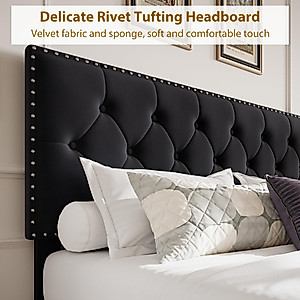 GarveeHome Upholstered Queen Bed Frame with 2 Storage Drawers, Velvet Platform Bed Frame with Button Tufted Rivets Headboard, Heavy Duty, No Box Spring Needed, Easy Assembly, Black