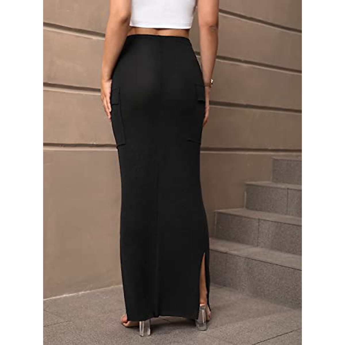 SOLY HUX Women's Y2K Skirt Long Split Solid Maxi Casual Pencil Bodycon Skirts Cargo Skirt with Pockets Solid Dark Black S