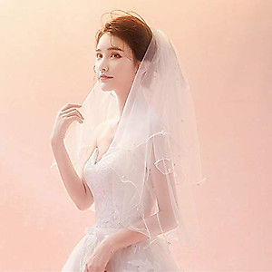 Wedding Veil,White Bridal Veil with Comb, 3 Tier Ribbon Edge with Pearl Center Cascade for Bachelorette Party