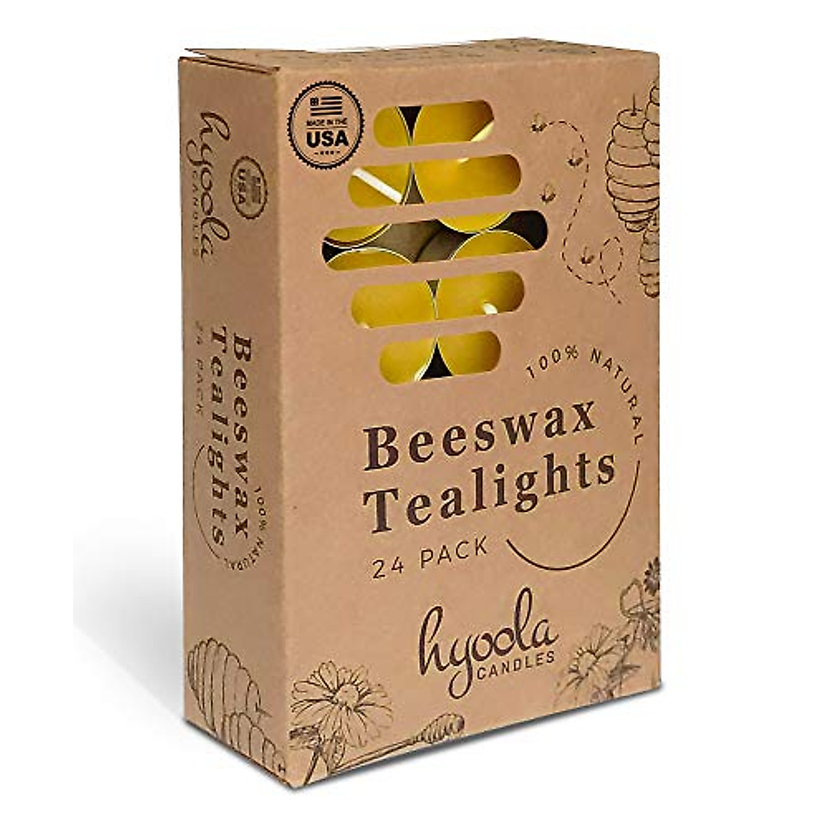 HYOOLA Beeswax Tealight Candles in Aluminum Cup - 24 Pack - 100% Pure Natural Beeswax Candles
