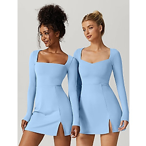 QINSEN Womens Airy Blue Mini Dress for Casual Long Sleeve High Waist Bodycon Dresses S