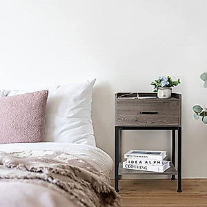 OYEAL Gray Night Stand with Charging Station 2-Tier Side Tables Bedroom with Drawer Small Bedside Table with USB Ports and Outlets for Bedroom Living Room, Rustic Grey