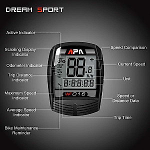 DREAM SPORT Bike Computer Bicycle Speedometer and Odometer 16-Function Wired Bike Computer Waterproof DCY016 Black