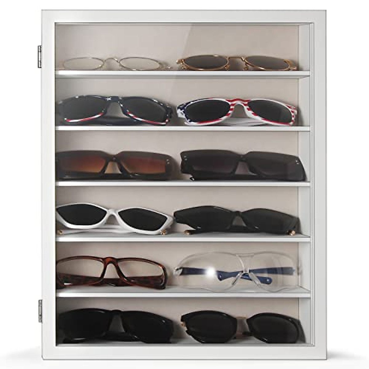 TJ.MOREE Sunglasses Organizer Storage Wall Mounted: 13 x 15.6 inches Eyewear Display Case Rustic Wood Eyeglasses Holder Large Glasses Storage Box,White