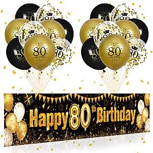 80th Birthday Decorations for Men Women Black and Gold, Black Gold Birthday Yard Banner Sign and 18 PCS 80th Happy Birthday Balloons for 80th Anniversary Birthday Party Supplies Outdoor Yard Decor