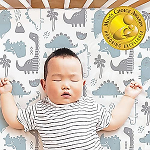 The Peanutshell Dinosaur Fitted Crib Sheet Set, 4 Pack, Blue & Grey