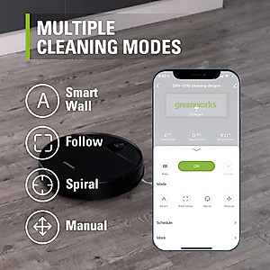 Greenworks Robotic Vacuum GRV-1010 Self-Charging, Wi-Fi Connectivity, 2200Pa Extreme Suction Power, Perfect for Pet Hair, Hard Floors, Carpets, Works with Alexa