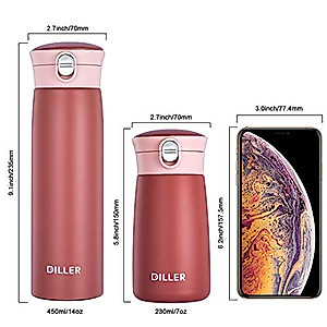Diller Thermal Water Bottle, Coffee Travel Mug 16 or 8 oz Kids Mini Water Bottle Tumbler with Spout Lid, Leak Proof Flask for Kids and Women Keep 12H Piping Hot & 24H Cold (Pink, 8 oz)
