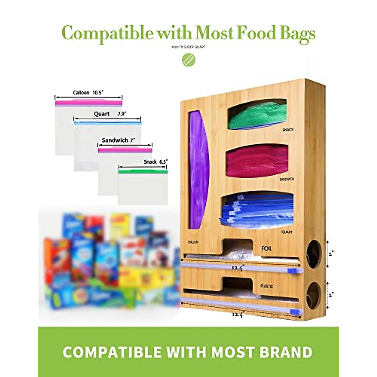 Bag Organizer Compatible with Ziplock, Jeethemy Foil and Plastic Wrap Organizer, 6 in 1 Bamboo Dispenser with Cutter for Kitchen Drawer and Wall Mounted, Storage for Gallon,Quart,Sandwich,Snack