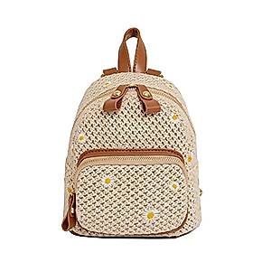 OWGSEE Summer Trendy Handmade Woven Crochet Straw Backpack Boho Backpack Purse for Women Vacation (Beige)