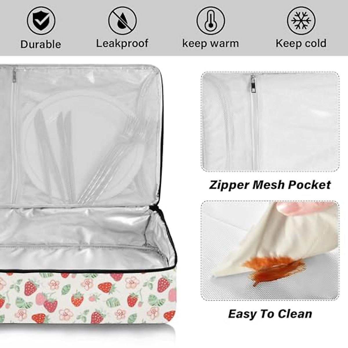 Kcldeci Insulated Thermal Food Carrier Insulated Casserole Carrier for Hot or Cold Food,Strawberry Leaves Flowers Insulated Tote Bag for Potluck Cookouts Parties Picnic,Lasagna Lugger