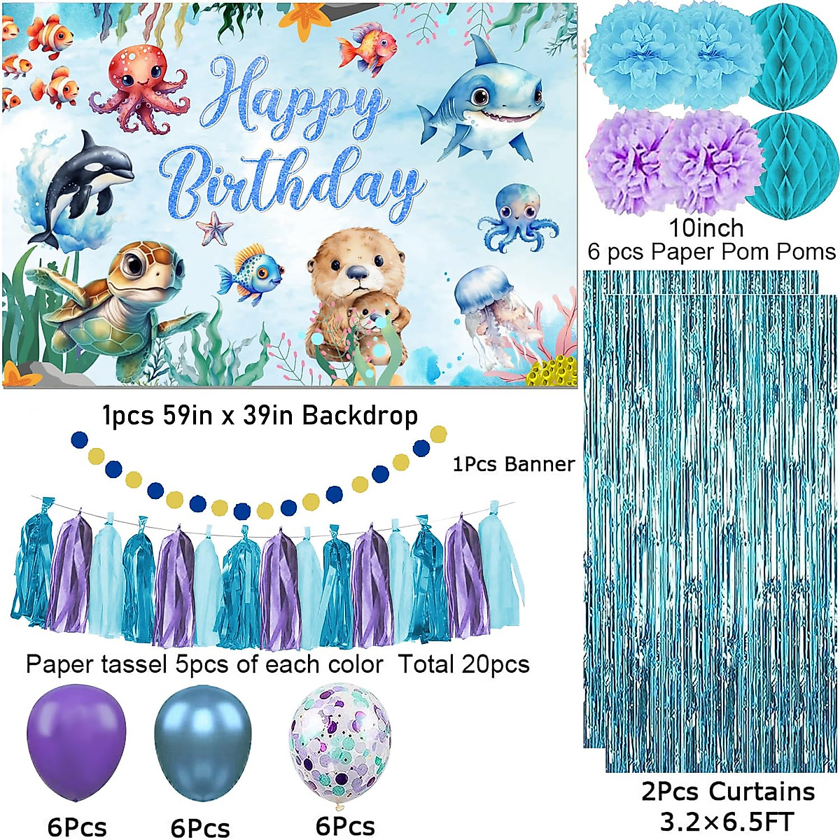 GPWXYYY Under the Sea Birthday Party Decorations, 48Pcs Turtle Theme Party Decorations Include Backdrop Banner Pom Poms Tassel Curtains Balloons for Ocean Birthday Party Decor
