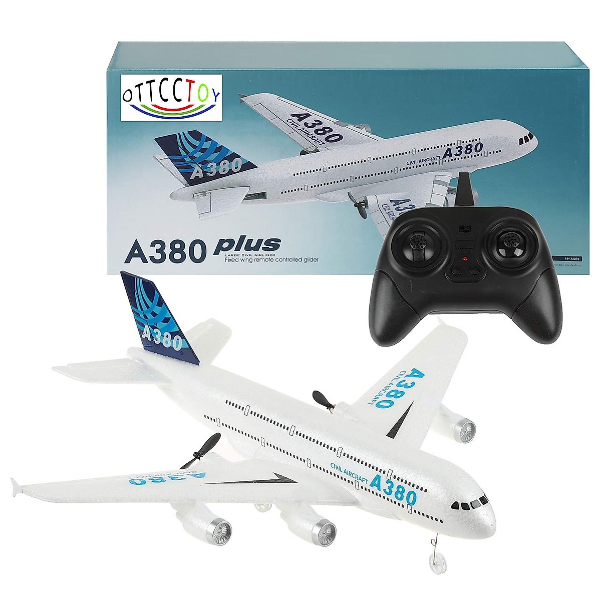 OTTCCTOY RC Plane Remote Control Airplane 2.4Ghz DIY 2 Channels Remote Control Airplane Built in 6-Axis Gyro, A380 RC Aircraft for Kids EPP Foam Glider for Beginner