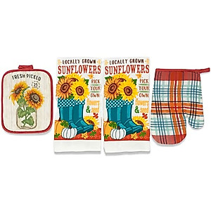 Autumn Sunflowers and Pumpkins Kitchen Towels and Pot Holder Set: Locally Grown Pick Your Own Flowers and Seeds with Cute Garden Boots (Be Thankful)