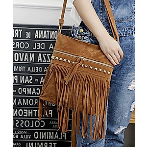 Women Hobo Fringe Crossbody Bag Vintage Small Bohemian Tassel Shoulder Bag Studded Faux Suede Western Hippie Boho Purse (Brown,One Size)
