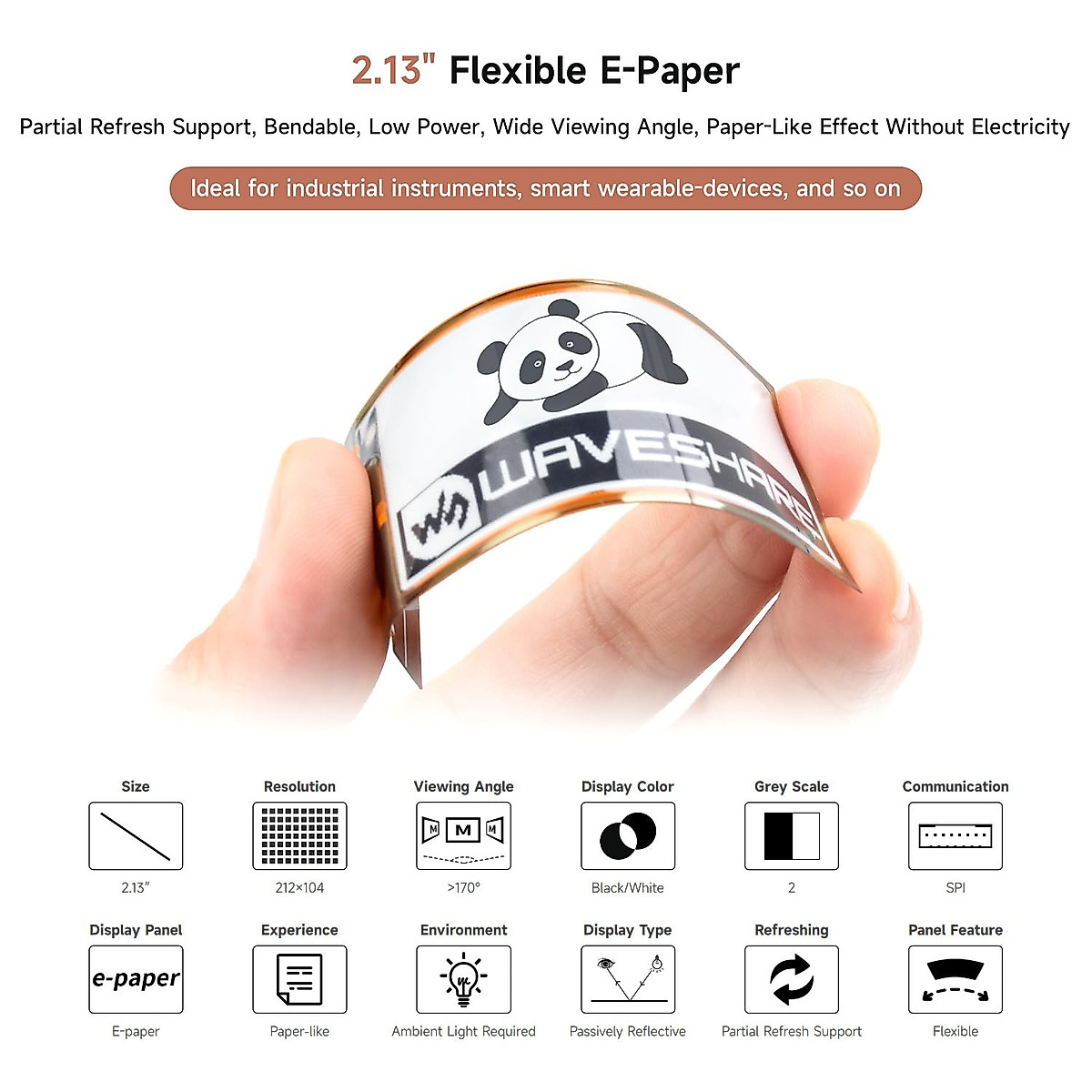 Waveshare 2.13inch Flexible E-Ink Raw Display Compatible with Raspberry Pi 4B/3B+/3B/2B/B+/A+/Zero/Zero W/WH/Zero 2W Series Boards 212x104 Resolution Dual-Color Supports Partial Refresh