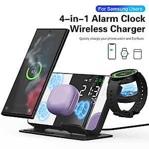MOSHOU Wireless Charging Station for Samsung Devices, Mirror Alarm Clock Charging Dock for Galaxy S23 S22 S21 S20 S10/Note 20 10 9/ Z Flip Fold 4, Galaxy Watch 5 Pro/5/4/3, Galaxy Buds(with Adapter)