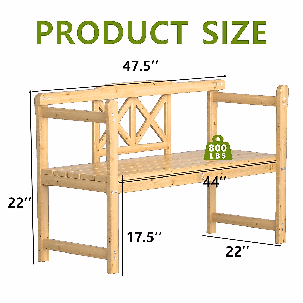 Outdoor Bench, 4 ft Patio Wooden Bench, Weatherproof Sturdy Wood Frame Garden Bench, 2-Person Loveseat with Armrests and Backrest, 800Lbs Weight Capacity, for Porch, Entryway - 22"D x 47.5"W x 34"H