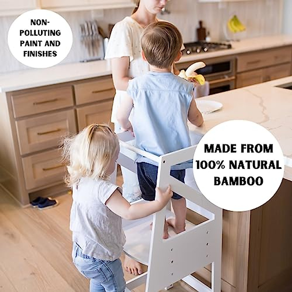 Toddler Standing Tower-Kitchen Step Stool for Toddlers with Message Boards and Safety Rail-3 Adjustable Heights Stool, Toddler Kitchen Helper-Removable, Anti Slip Stool for Bedroom, Bathroom (White)