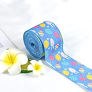 Easter Ribbon for Gift Wrapping DIY Crafts Decoration, Spring Easter Bunny Eggs Printed Wired Edge Ribbons, 2.5" x 10 Yards, Blue