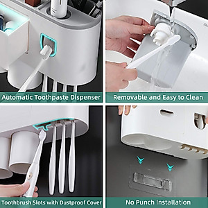 Toothbrush Holder Wall Mounted, Automatic Toothpaste Dispenser Squeezer Kit -Magnetic Toothbrush Holder for Bathroom and Vanity, 4 Brush Slots 2 Cups 1 Cosmetic Drawer1 Large Storage Tray by showgoca