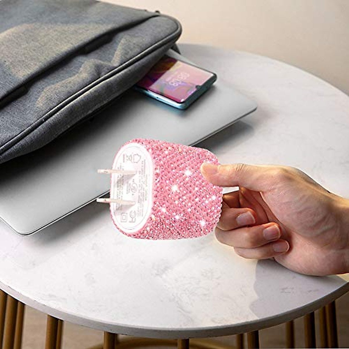 USB Wall Charger Bling 5V/2.4A 24W Dual Port Fast Charger Plug Cell Phone Block Adapter Pink for iPhone Android Samsung iPad Tablet etc.