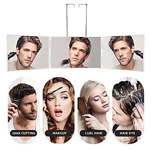 Essbhach 3 Way Mirror for Hair Cutting, 360 Barber Mirror for Women, Barber Supplies Shower 28 LED Mirror, Height Adjustable Hooks, White with LED