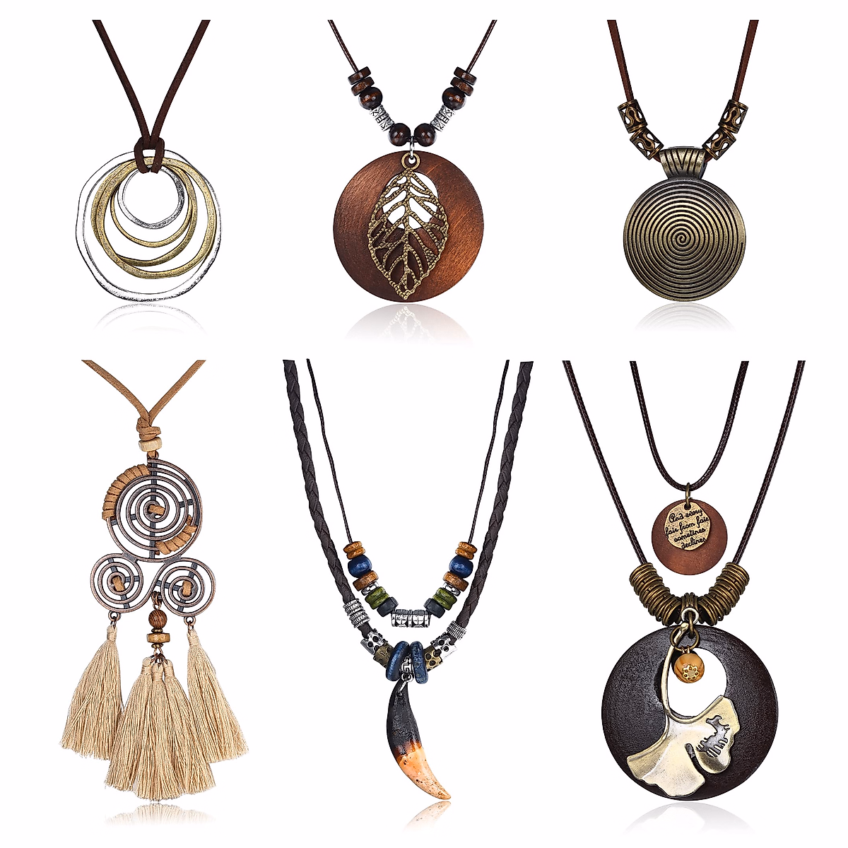 Sanfenly 6Pcs Long Pendant Necklaces for Women Vintage Style Bohemian Tribal Tassel Leaf Leather Necklace Adjustable Statement Handmade Wood Brown Sweater Necklace Set