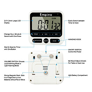 Digital Kitchen Timer - Empino Upgraded 24-Hours Cooking Timer Clock Countdown Multifunction with Big Digits, Loud Alarm, Magnetic Backing Stand, and Memory for Cooking Baking Exercise, White