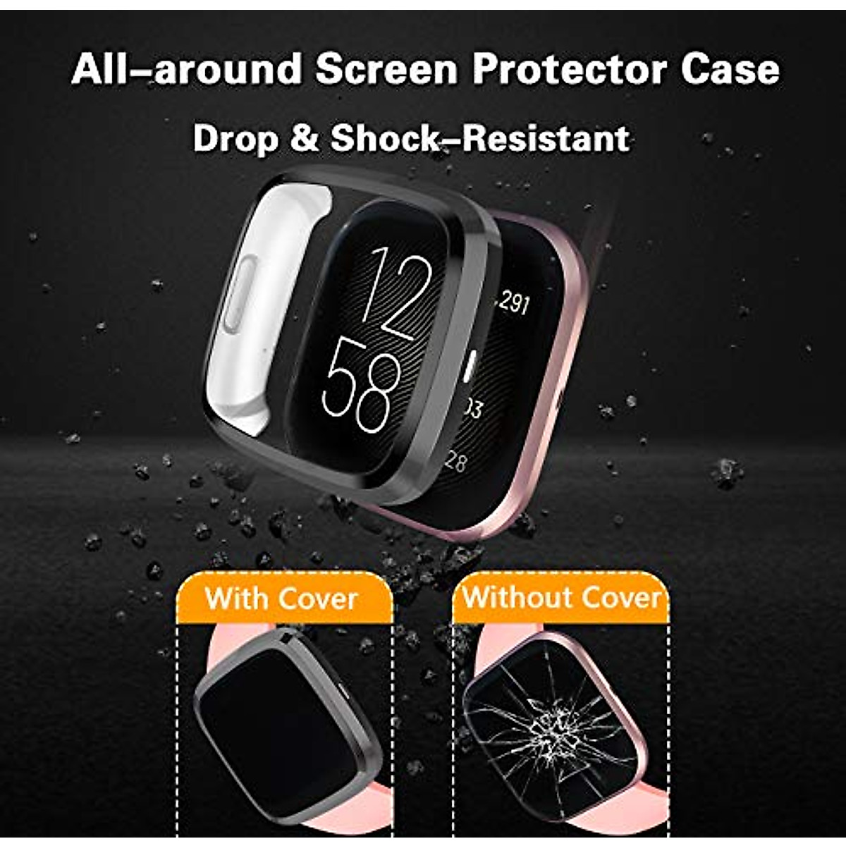 Wepro Screen Protective Case Compatible with Fitbit Versa 2 Smartwatch, 3-Pack Soft TPU Full Cover Cases for Fitbit Versa 2 Watch, Clear/Black/Rosegold